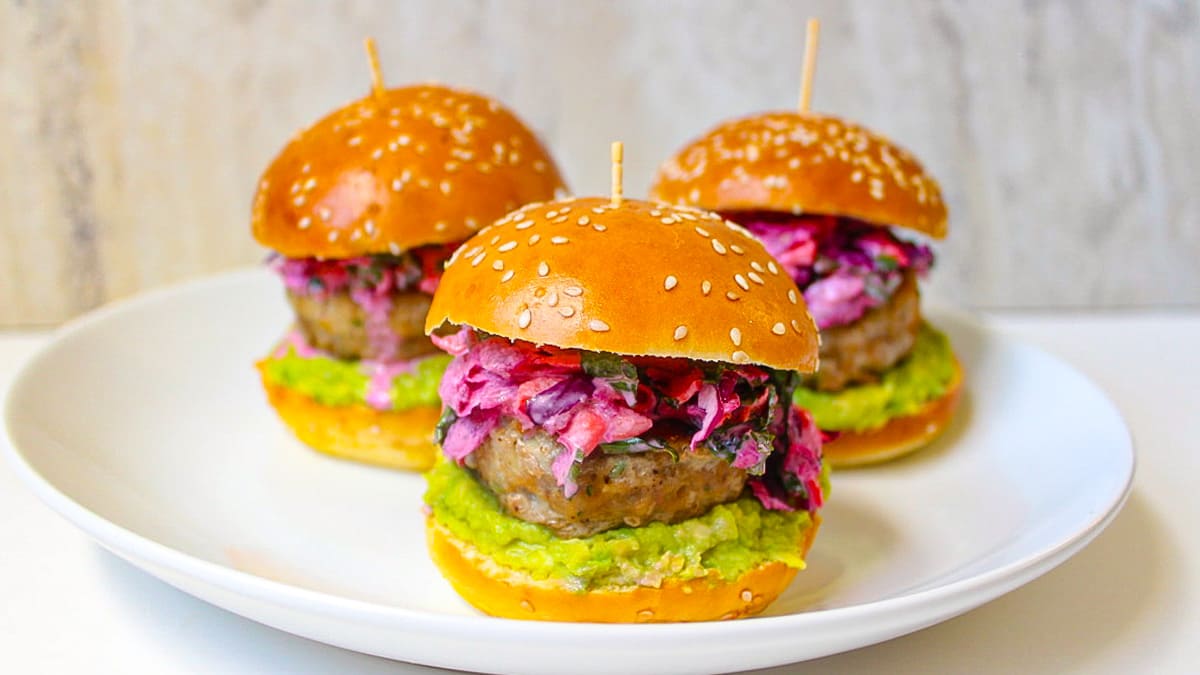 Turkey Sliders with Beet Slaw and Mashed Avocado